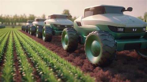 5g 기술로 구동되는 미래 자율 농업 로봇 및 자동차의 스마트 농업 3d 렌더링 자발적인 자동적 인 로봇 일러스트 배경