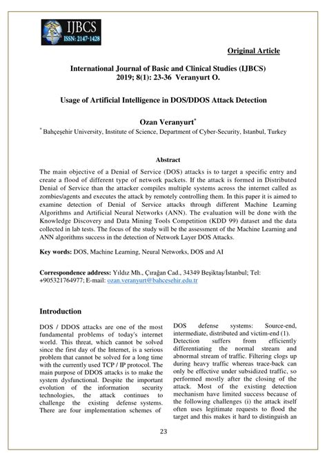 Pdf Usage Of Artificial Intelligence In Dosddos Attack Detection