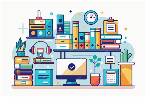 Modern Office Workspace With Desk Computer Bookshelf Books Folders And Plants Conceptual