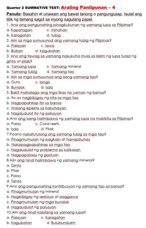 Quarter 2 SUMMATIVE TEST Araling Panlipunan 4 Panuto Basahin At Unawain Ang Bawat Tanong O