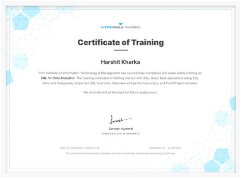 Sql For Data Analytics Training Certificate Of Completion Pdf