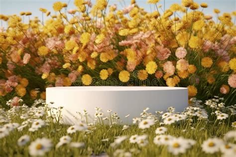 Natural Beauty Podium Backdrop With Spring Flower Field 3d Rendering