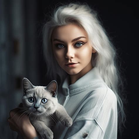 Premium Ai Image Beautiful Blonde Woman With Big Blue Eyes Holds Siamese Cat In Her Arms Woman