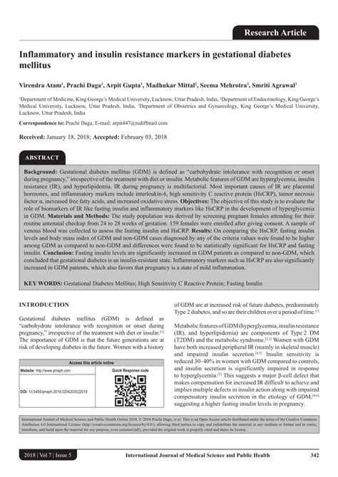 Pdf Inflammatory And Insulin Resistance Markers In Gestational