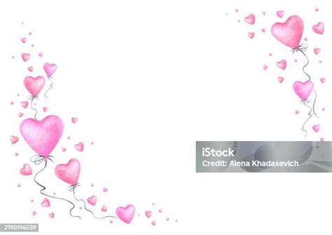 하트 모양의 풍선과 파스텔 레드와 핑크 색상의 비행 하트 수채화 격리 된 사각형 템플릿 와 텍스트에 대한 복사 공간 발렌타인 데이 인사말 결혼식 카드에 대 한 손 그리기