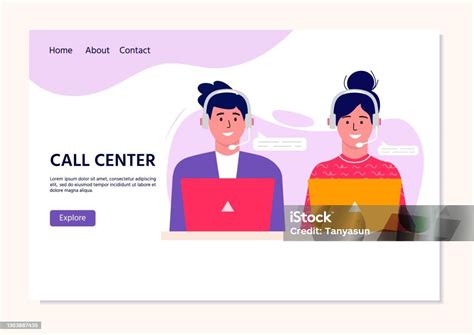 웹에 대한 콜 센터 운영자 방문 페이지입니다 헤드셋 만화 캐릭터와 함께 미소 사무실 노동자 고객 지원 핫라인 운영자 컨설턴트 관리자 고객 지원 전화 지원 It 지원에 대한