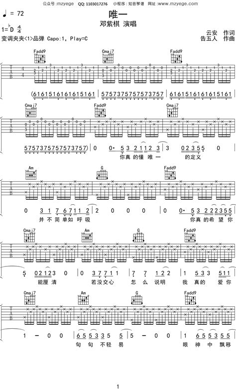 《唯一》邓紫棋 吉他弹唱谱 知音琴谱