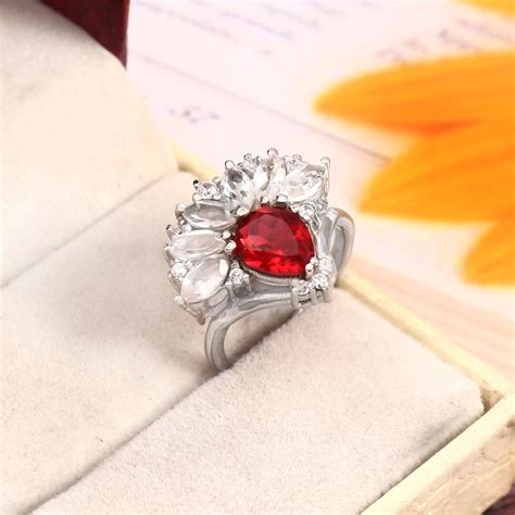 Pear Shape Ruby Colour In Hydro Glass With Crystal Marquise And Brilliant Cut Engagement Ring In