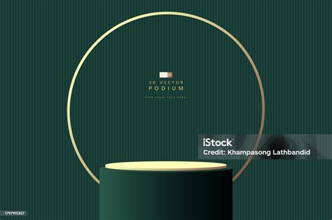 추상 럭셔리 그린 골드 3d 실린더 연단 받침대는 황금 반지 모양과 수직 배경으로 사실적입니다 모형을 위한 최소한의 벽 장면