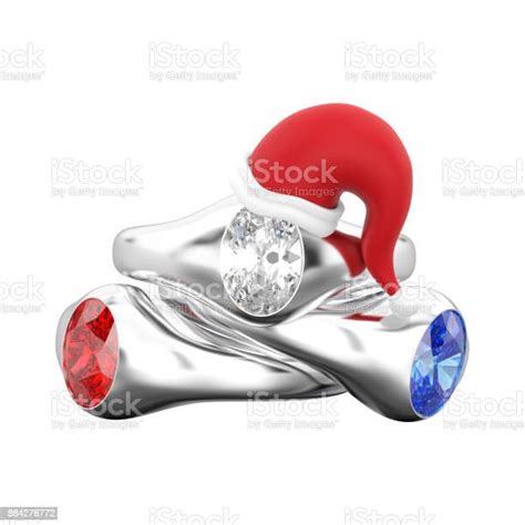 3d 그림 3 화이트 골드 또는 실버 솔리테어 참여 다이아몬드 반지는 흰색 바탕에 크리스마스 산타 클로스 모자에 고립 0명에 대한 스톡 사진 및 기타 이미지 Istock