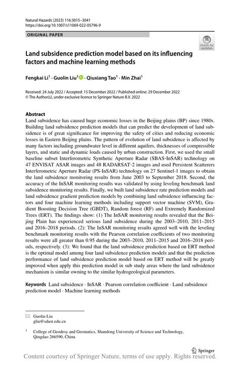 Land Subsidence Prediction Model Based On Its Influencing Factors And Machine Learning Methods