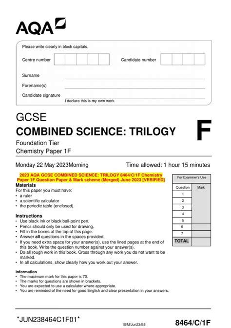 2023 Aqa Gcse Combined Science Trilogy 8464 C 1f Chemistry Paper 1f Question Paper And Mark
