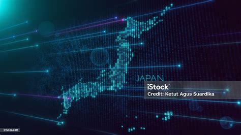 미래 블루 바이올렛 반짝이는 원근법 사각형 Hud 입자 모자이크 그리드 및 일본 지역 지도의 텍스트 점선 라이트 플레어 개념에 대한 스톡 벡터 아트 및 기타 이미지 Istock