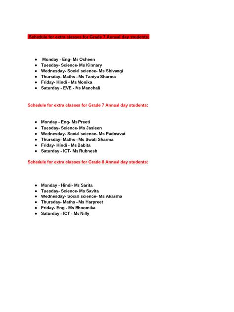 Extra Class Schedule Pdf