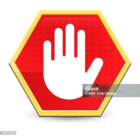 스톱 핸드 아이콘 추상적 레드 육각 버튼 밝은 노란색 프레임 우아한 디자인 애원하기에 대한 스톡 벡터 아트 및 기타 이미지
