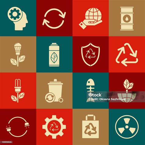 방사성 지구 지구와 잎 재활용 기호 인간의 손을 들고 플라스틱 병 전구 내부 헤드 기어 및 방패 아이콘을 설정합니다 벡터 개념에