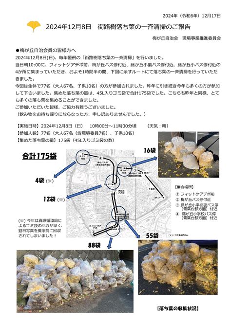 街路樹落ち葉の一斉清掃のご報告 2024 12 08実施 梅が丘自治会