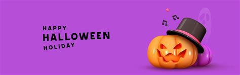 해피 할로윈 웹사이트와 소셜 네트워크를 위한 수평 배너입니다 모자를 쓴 현실적인 3d 호박 그의 얼굴에는 무서운 미소가 있습니다 창의적인 포스터 파티 전단지 디자인