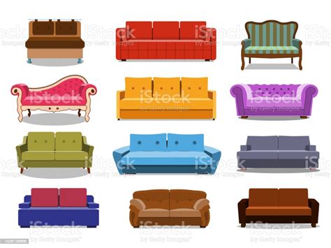 소파와 소파 화려한 만화 일러스트 벡터 집합입니다 편안한 라운지 인테리어 디자인 흰색 배경에 고립의 컬렉션입니다 Settee 아이콘의 다른 모델입니다 가구에 대한 스톡 벡터