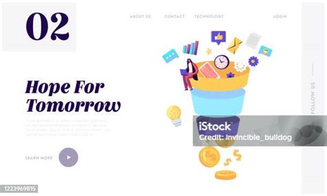 전환율 최적화 유입경로 마케팅 방문 페이지 템플릿입니다 노트북과 작은 여성 캐릭터는 거대한 판매 깔때기에 앉아 디지털 마케팅 리드 생성 전략 만화 벡터 일러스트레이션