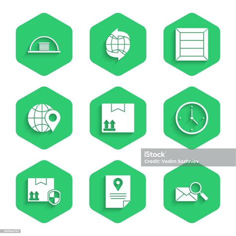교통 기호 봉투 돋보기 빠른 시간 배달 배달 팩 보안 방패 지구상의 위치 나무 및 격납고 아이콘이 있는 골판지 상자를 설정합니다 벡터 감시에 대한 스톡 벡터 아트 및 기타