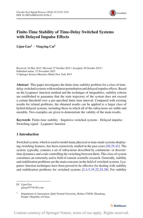 Finite Time Stability Of Time Delay Switched Systems With Delayed Impulse Effects