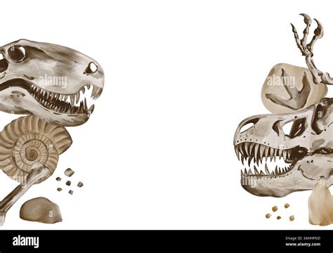 Frame With Dinosaur Fossils And Cerepi Ammonites And Fossils Predator Tracks And Big Stones Frame With Dinosaur Fossils And Cerepi Ammonites And Fossils Predator Tracks And Big Stones