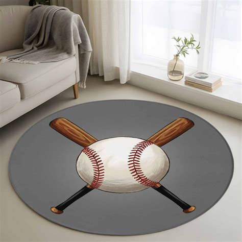 Baseball Round Area Rugs 3 Ft Sports Gray Background Cartoon Washable