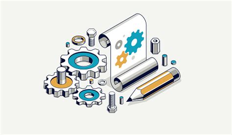 기계 공학 프로젝트 구현 개념 엔진 초안 계획 도면 및 작업 프로세스 기어와 연필이 있는 종이 시트 3d 아이소 메트릭 벡터 일러스트 레이 션 수리 자습서 3차원 형태에