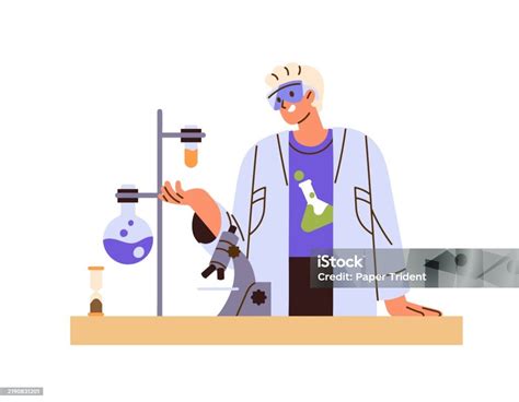 화학자는 과학 실험실에서 과학 연구를 수행합니다 실험실 가운을 입은 과학자 튜브 비커 화학 장비를 가진 보호 안경 탐험가 흰색에 평평한 고립 된 벡터 그림 과학에 대한 스톡