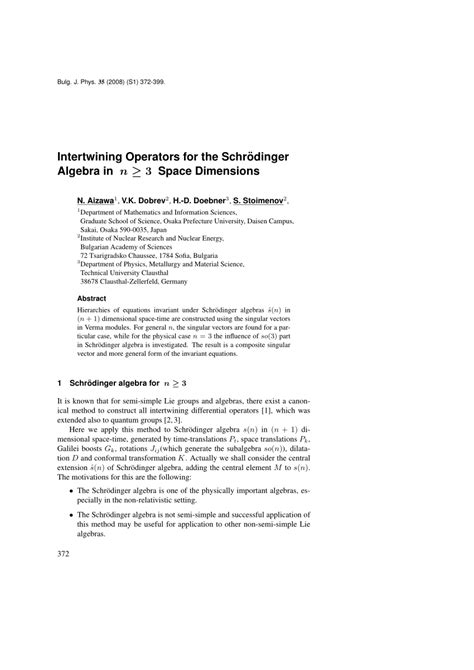 Pdf Intertwining Operators For The Schrödinger Algebra In N≥3 Space
