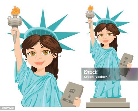 자유의 동상입니다 7 월 4 일입니다 독립 날입니다 귀여운 만화 캐릭터 전체 높이 근접 한 양식 미국 휴일에 대 한 벡터 애국 그림입니다 만화에 대한 스톡 벡터 아트 및