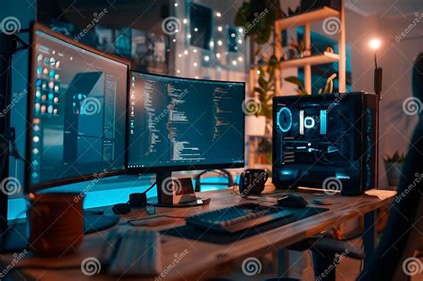 Mastering Software Development Coding On A Powerful Dual Monitor Setup With Rgb Lighting In A