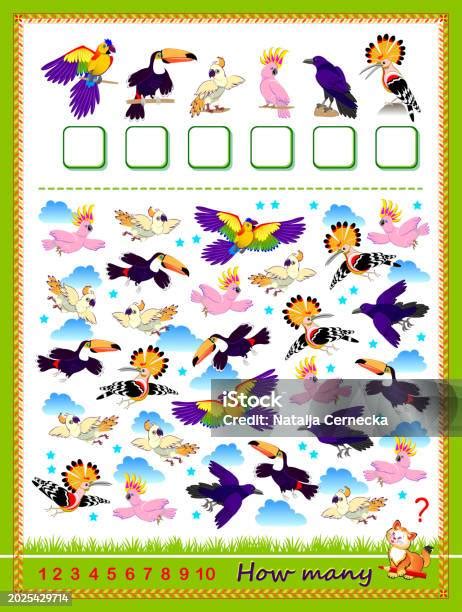 아이들을 위한 수학 교육 새의 수를 세고 숫자를 쓰십시오 계산 기술 개발 어린이 교과서를 위한 인쇄 가능한 워크시트 논리 퍼즐 게임 Iq 테스트 플랫 벡터 만화 이미지입니다