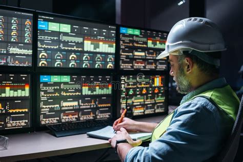 worker engineer control process of production uses computer with modern