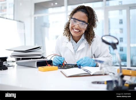 Programming Hardware Repair And Portrait Of Black Woman Electrician On Electronic Cpu Circuit