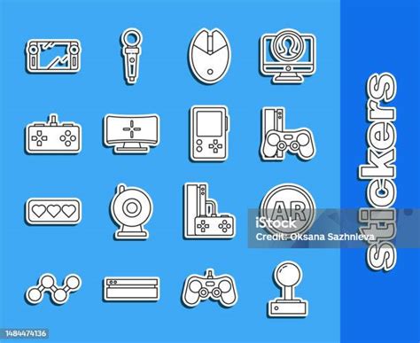 아케이드 기계 Ar 증강 현실 조이스틱이 있는 게임 콘솔 컴퓨터 마우스 게임 모니터 게임 패드 휴대용 비디오 게임 및 아이콘용 라인 조이스틱을 설정합니다 벡터 Brand