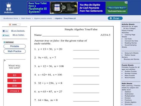 Simple Algebra True False Worksheet For 6th 8th Grade Lesson Planet