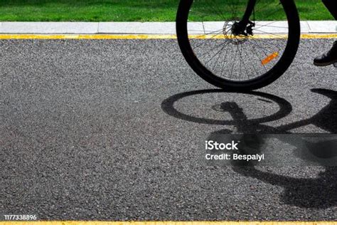 자전거 바퀴가 아스팔트 도로를 따라 달리며 화창한 여름날 복사 공간이 있는 고속도로에서 노란 표시가 있는 그림자를 드리울 수 있습니다 거리에 대한 스톡 사진 및 기타 이미지