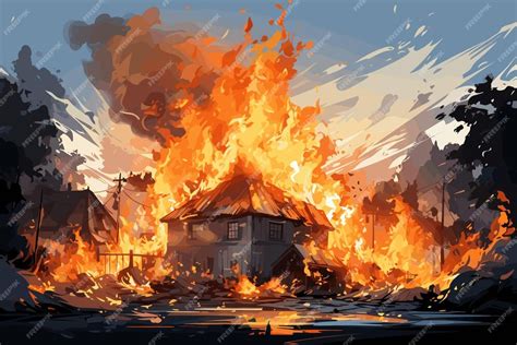 Ciudad Destruida En Llamas Fuego En Edificios En Llamas Vector Premium