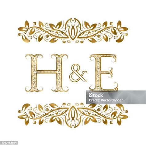 H와 E 빈티지 이니셜 기호입니다 글자 장식 요소에 의해 포위 된다 결혼식 또는 로얄 스타일에서 비즈니스 파트너 모노 그램입니다 고풍스런에 대한 스톡 벡터 아트 및 기타