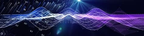Abstract Background Wavy Grid With Blurred Lines Data On Dark Plexus Wireframe Concept In