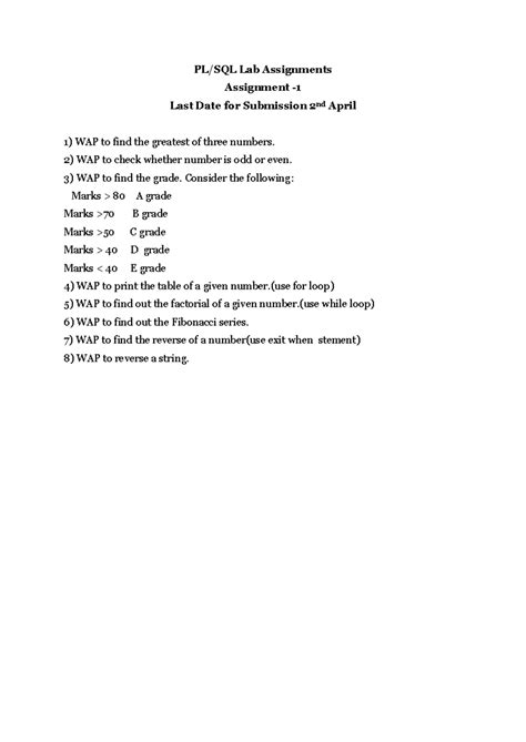 Plsql Assignment 1 2 2 Plsql Lab Assignments Assignment 1 Last Date For Submission 2 Nd
