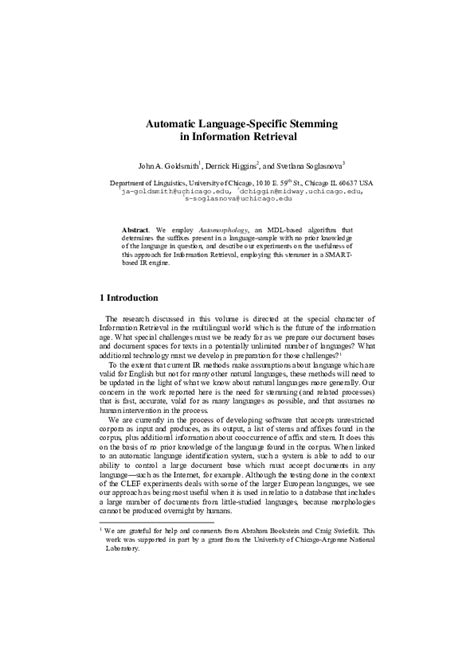 Pdf Automatic Language Specific Stemming In Information Retrieval