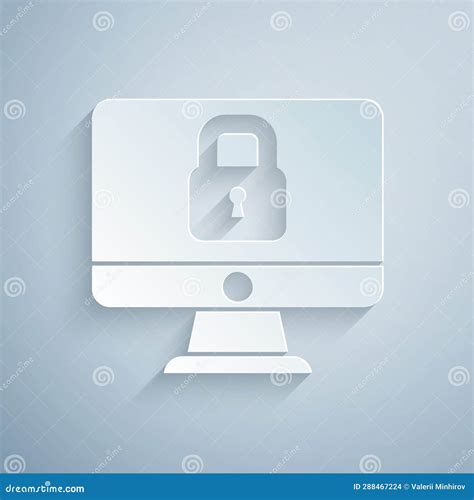 Paper Cut Lock On Computer Monitor Screen Icon Isolated On Grey Background Security Safety