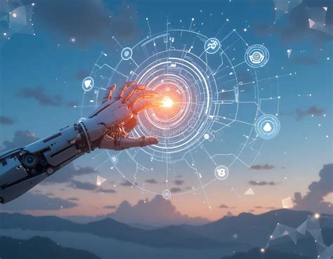 Futuristic Robotic Hand Interacting With Digital Interface In The Sky Stock Illustration