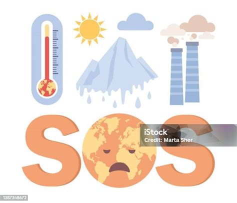 기후 변화 세트 행성 지구와 Sos 텍스트 지구 온난화 온도계 생태 위험 대기 오염 세상을 저장합니다 벡터 플랫 일러스트레이션 개념에 대한 스톡 벡터 아트 및 기타 이미지