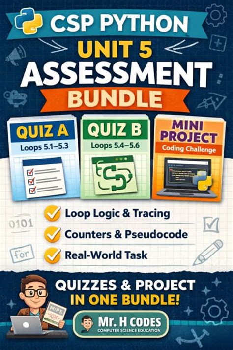 Csp Python — Unit 5 Assessment Bundle Loops Quizzes Mini Project