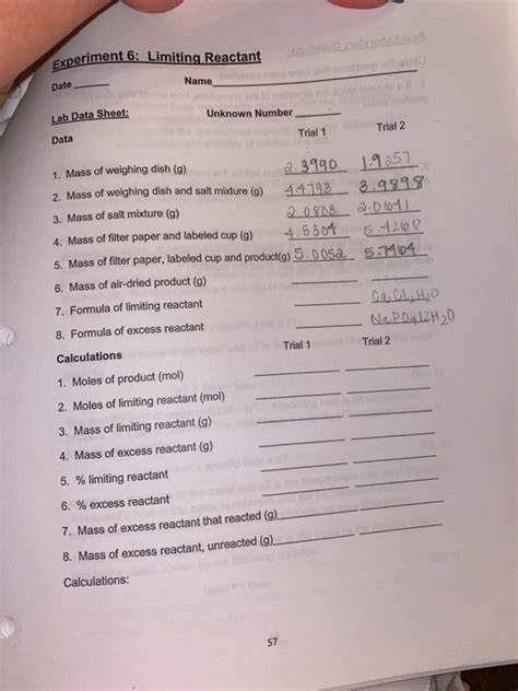 experiment 6 limiting reactant date name lab data