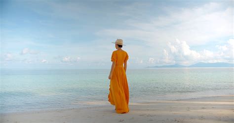 노란 드레스와 모자를 쓴 여성의 뒷모습은 물가에 멈춰 서서 잔잔한 바다를 바라보았다 가냘픈에 대한 스톡 사진 및 기타 이미지 가냘픈 거리가 먼 관광 Istock